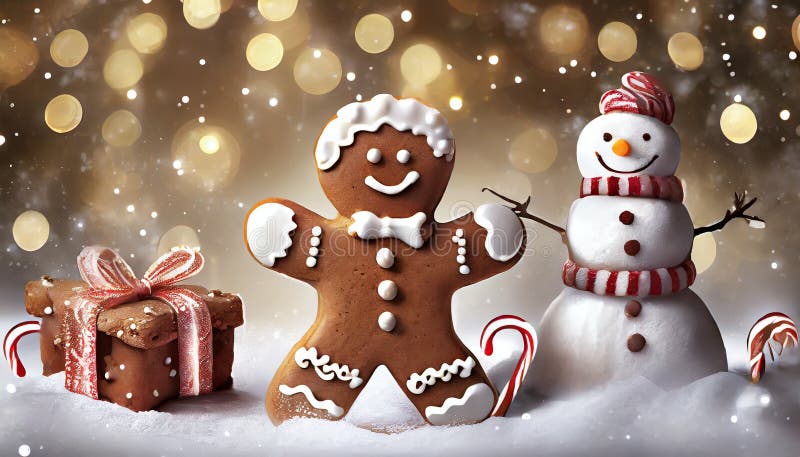 A Gingerbread Man Dances with a Snowman Stock Illustration ...