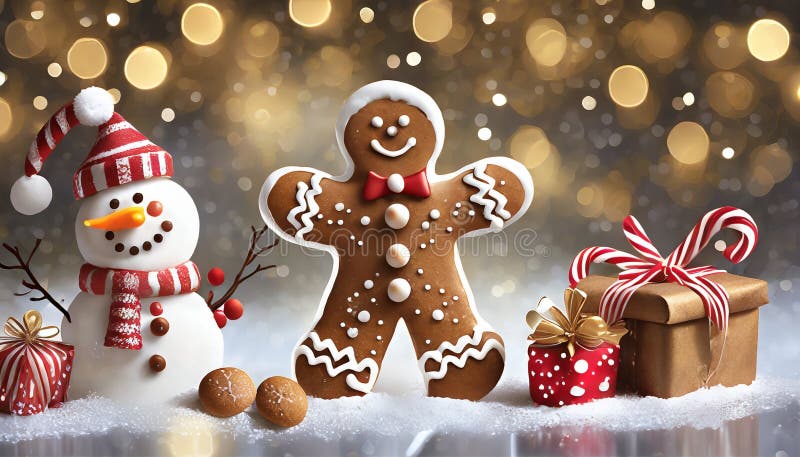A Gingerbread Man Dances with a Snowman Stock Illustration ...