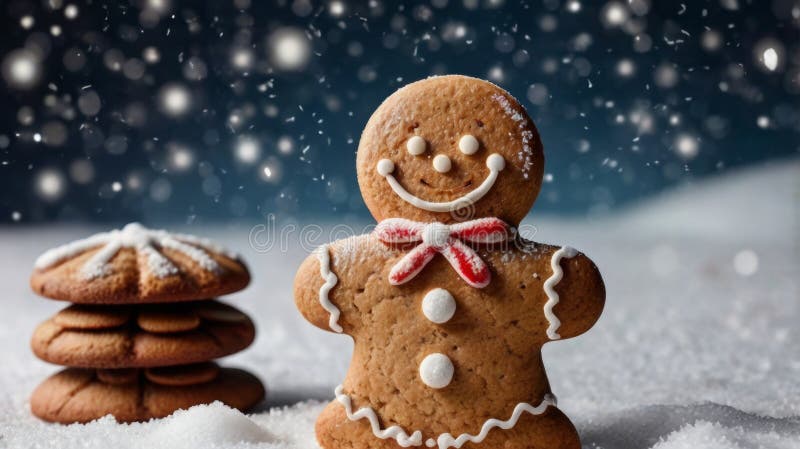 Gingerbread Man Smiling Under Falling Snow with Cookies Nearby Stock ...