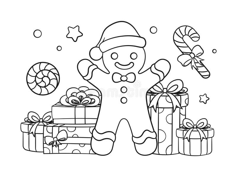 Gingerbread Man With T Boxes And Peppermint Candy Cane Outline Line