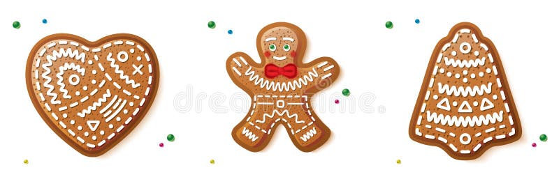 Gingerbread Man, Heart and Bell Isolated on White Stock Illustration ...