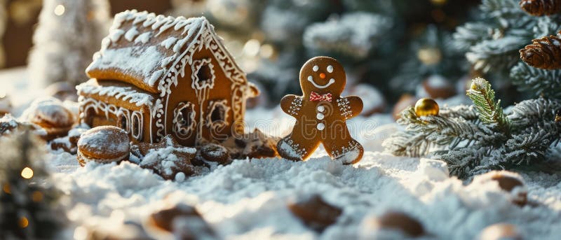 Gingerbread Man with Gingerbread House Winter Scene - AI Generated ...
