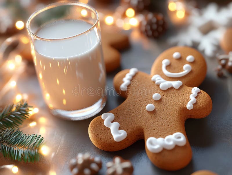 Gingerbread Man with Milk and Festive Lights Stock Illustration ...