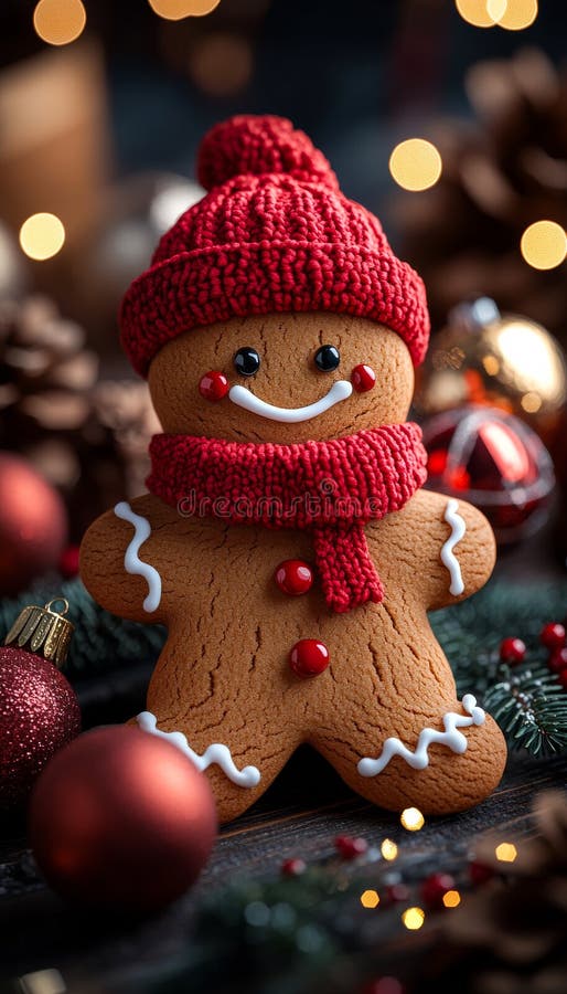 A Gingerbread Man with a Red Hat and Scarf is Smiling Stock Photo ...