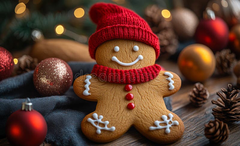 A Gingerbread Man with a Red Hat Stock Photo - Image of xmas, icing ...