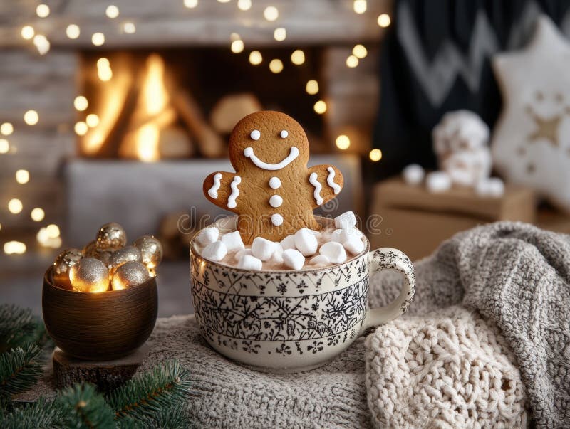 Gingerbread Man Relaxing in Hot Chocolate Cocoa with Marshmallows and ...