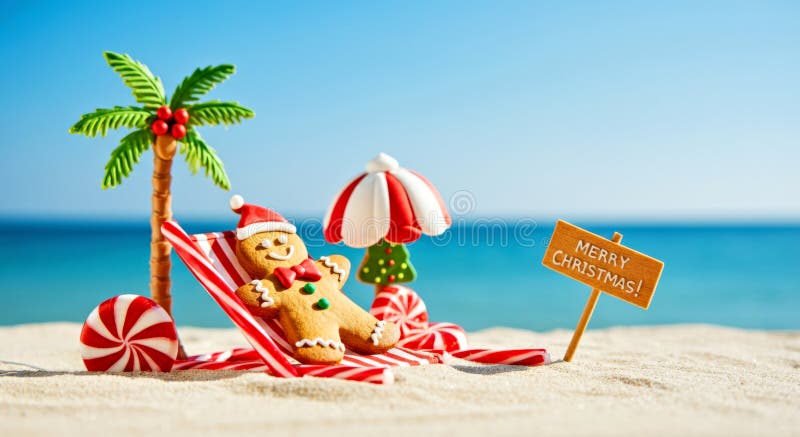 Gingerbread Man Relaxing on Tropical Beach with Christmas Decor Stock ...