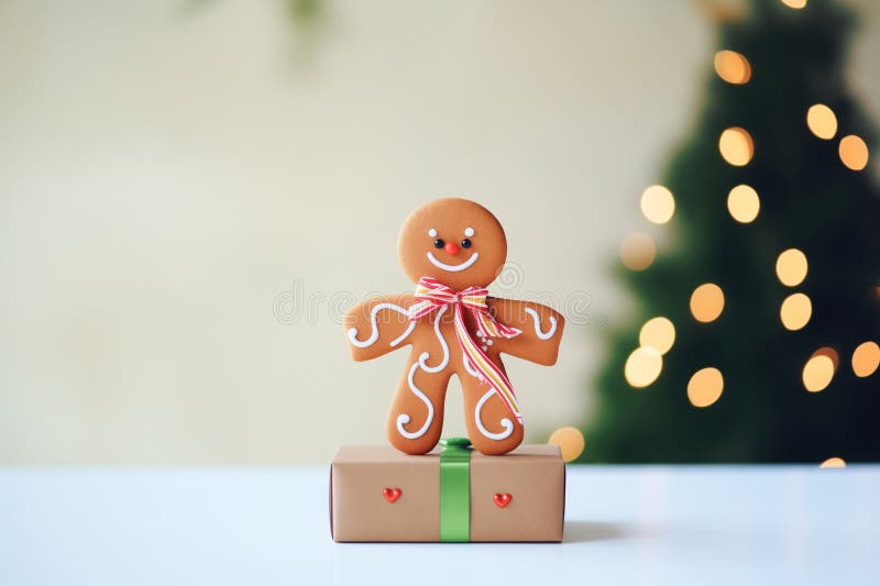Gingerbread Man with Ribbon on a Gift Box Stock Image - Image of sweet ...