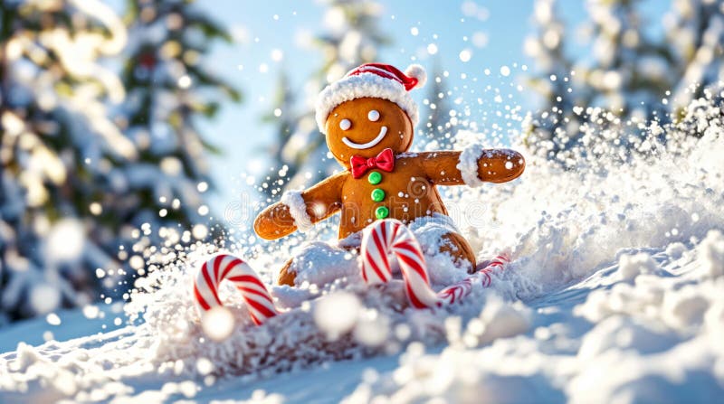 Gingerbread Man Sledding through Snowy Wonderland with Candy Cane Sled ...