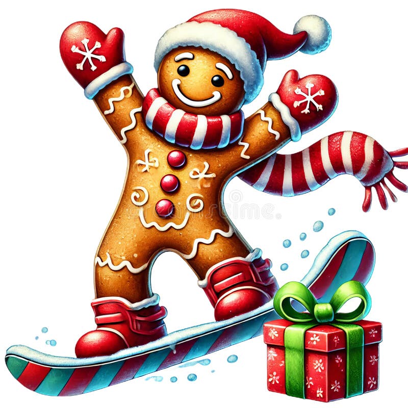 Gingerbread Man Snowboarding with Festive Gift, Spreading Holiday Cheer ...