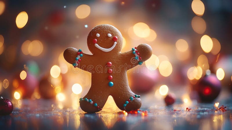 Gingerbread Man Standing in Front of Blurred Christmas Lights Stock ...