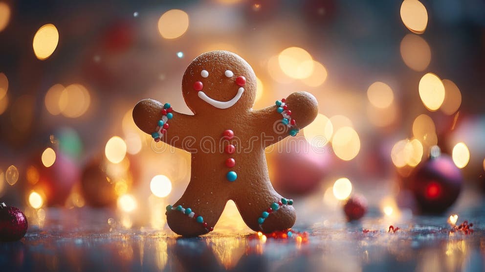 Gingerbread Man Standing in Front of Blurred Christmas Lights Stock ...