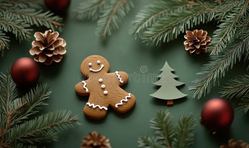 Gingerbread Man Surrounded by Christmas Decorations, Pine Cones ...
