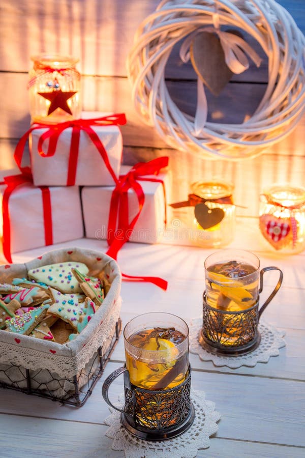 Gingerbread and Tea with Orange for Christmas Stock Image - Image of ...