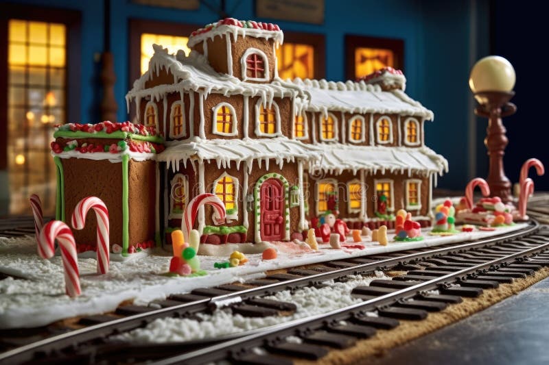 Gingerbread Train Station with Candy Cane Tracks Stock Illustration ...
