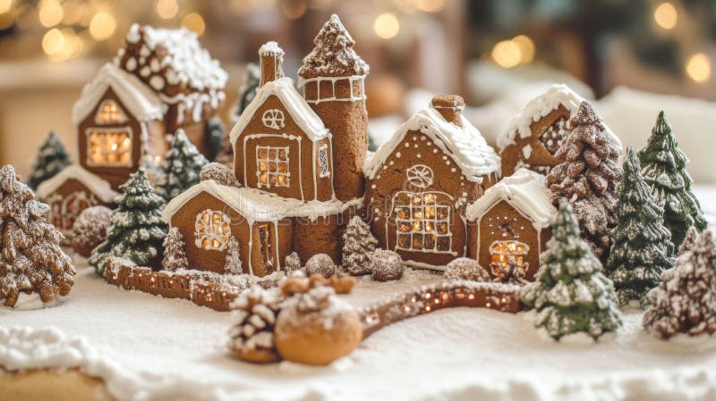 Gingerbread Village with Illuminated Windows and Snowy Landscape Stock ...