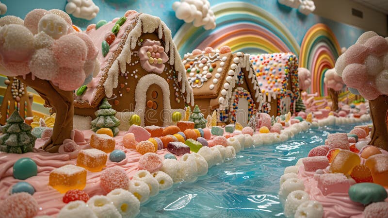 Gingerbread Village with Rainbow and Candy River Stock Illustration ...