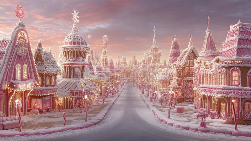 A Gingerbread Village Under a Pink Sky at Sunset Stock Illustration ...