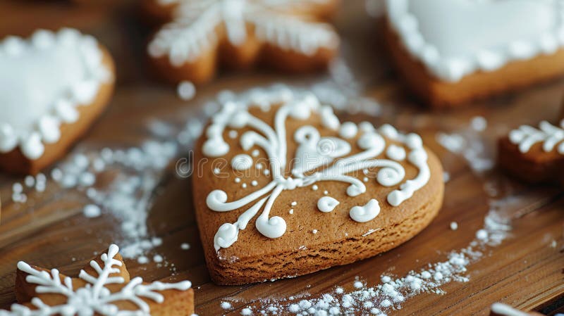 Gingerbread White Icing Biscuit Heart Shape Figure Culinary Background ...