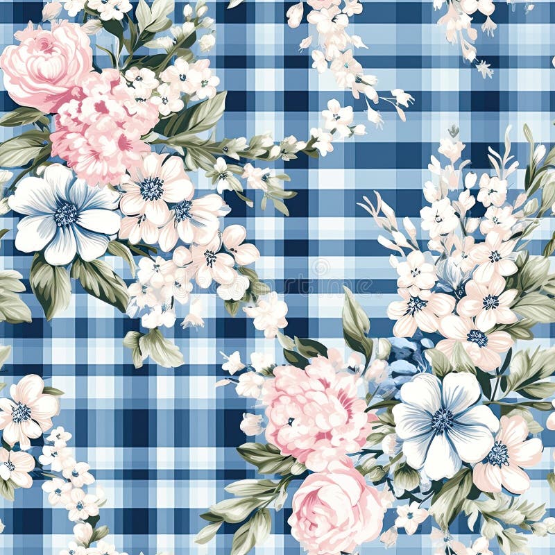 Seamless Blue Floral Gingham Background Stock Vector - Illustration of ...