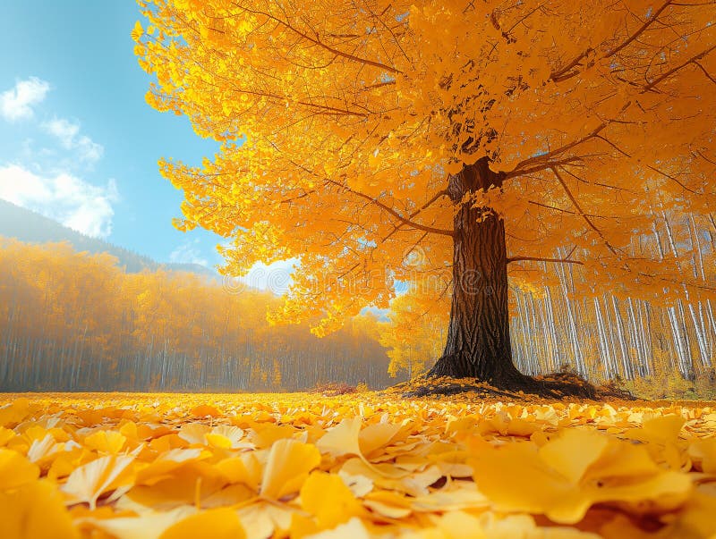 Gingko Trees and Gingko Leaves on the Floor in the Forest with Blue Sky ...