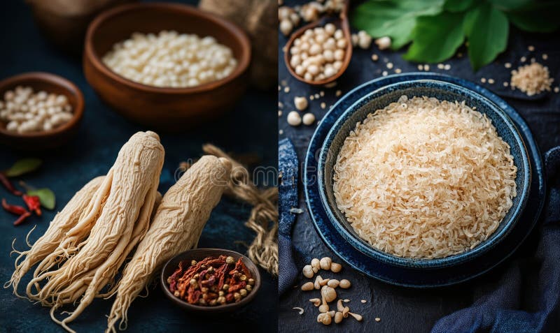Ginseng Roots and Rice Grains with Spices on Dark Background for ...