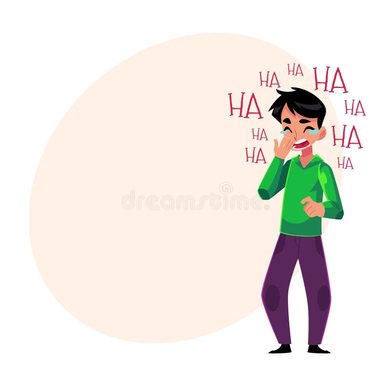 Giovane Che Grida Dalla Risata, Indicare, Coprente Bocca Di Suo Stomaco ...