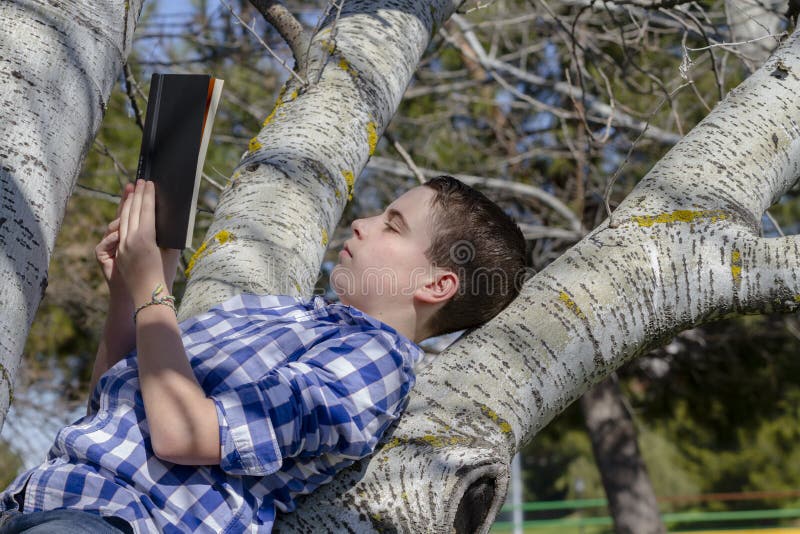 Giovane Ragazzo Che Legge Un Libro Nel Legno Con Profondità Di Campo
