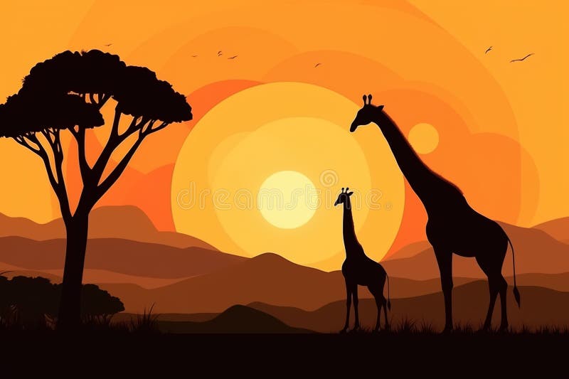 Giraffe and Baby Giraffe Against the Backdrop of the Setting Sun Stock ...