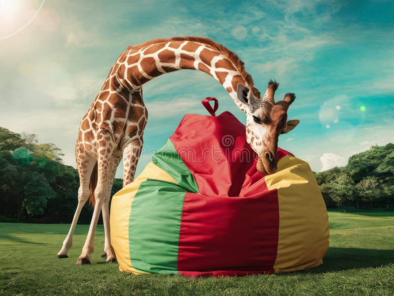 A Giraffe Bending Down To Eat from a Colorful Bean Bag, AI Stock Photo ...