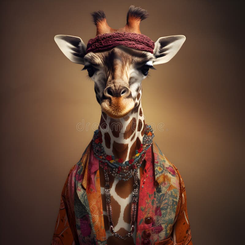 Giraffe in Boho Bohemian Medieval Hippie Outfit Stock Illustration ...