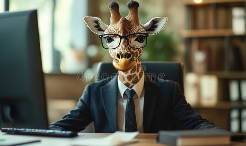 Giraffe in Business Suit with Glasses Working at Desk in Modern Office ...
