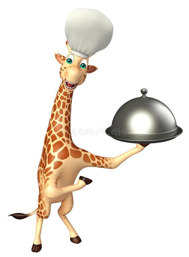 Giraffe Cartoon Character with Chef Hat and Cloche Stock Illustration ...