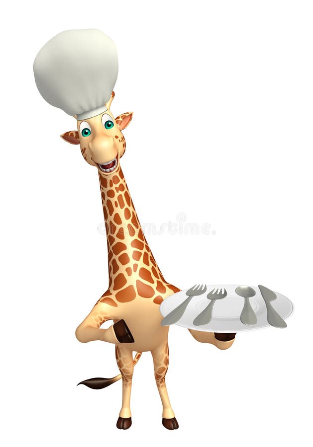 Giraffe Cartoon Character with Chef Hat and Dinner Plate Stock ...