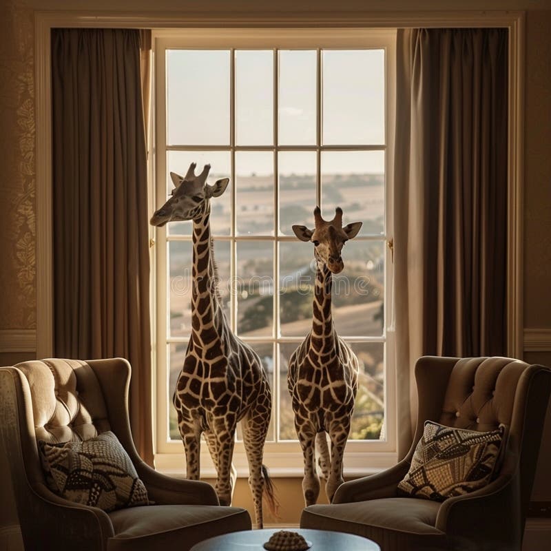 Giraffe on Chair by Window, Unique Wildlife Viewing Stock Illustration ...