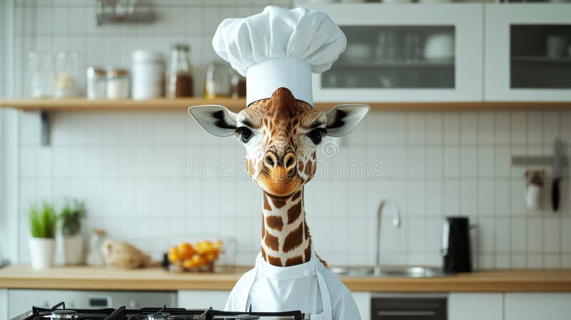 A Giraffe Chef Prepares Gourmet Meals in a High-end Kitchen, Dressed in ...