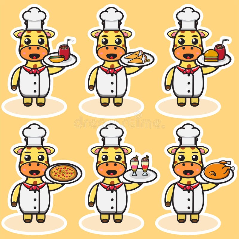 Vector Illustration of Cute Giraffe Chef Cartoon with Food. Stock ...