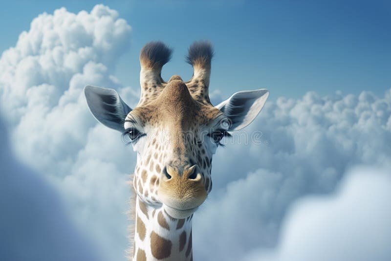 Giraffe in the Clouds, Closeup of Giraffe Head in the Clouds on Blue ...