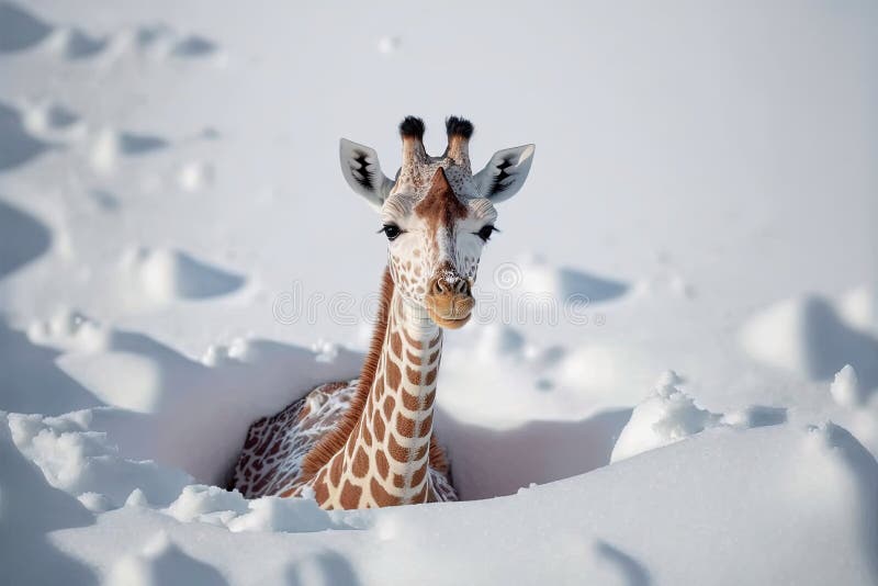 Giraffe in Deep Snow, only Head and Neck Out of Snow. Generative AI ...