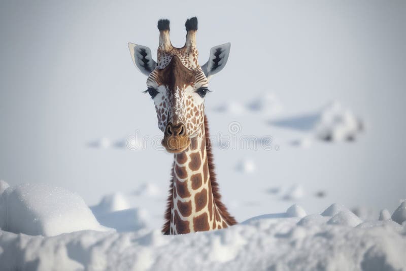 Giraffe in Deep Snow, only Head and Neck Out of Snow. Generative AI ...