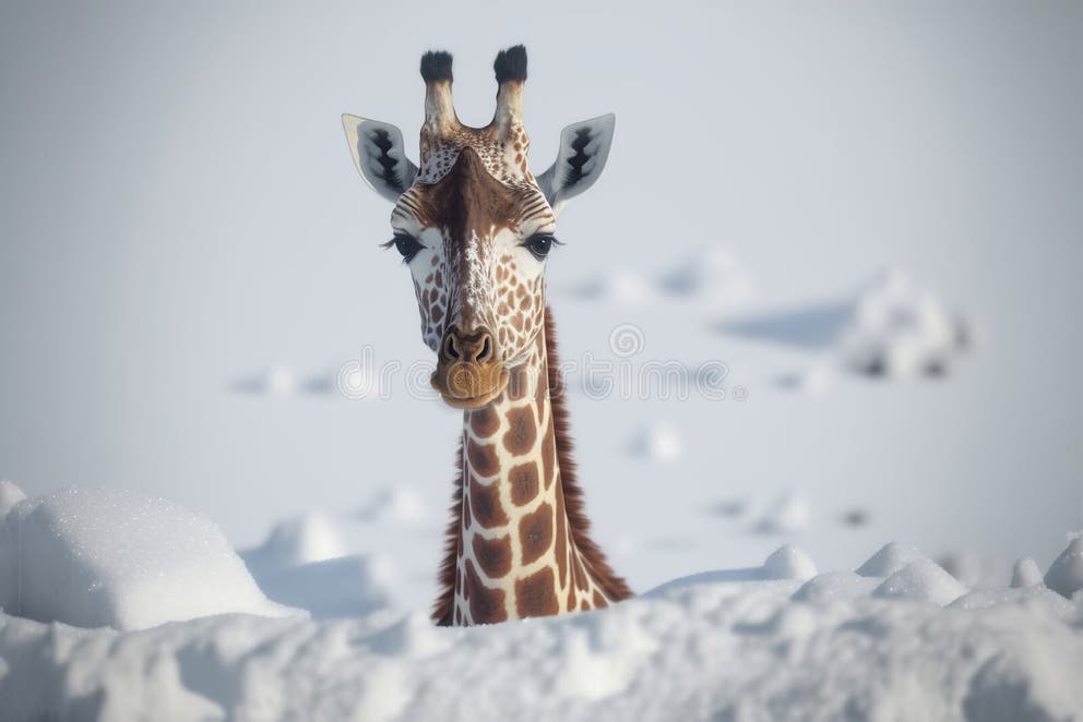 Giraffe in Deep Snow, only Head and Neck Out of Snow. Generative AI ...