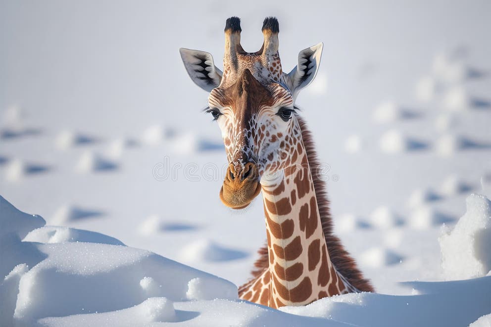 Giraffe in Deep Snow, only Head and Neck Out of Snow. Generative AI ...