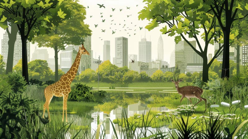 Giraffe and Deer Painting in Forest Stock Illustration - Illustration ...