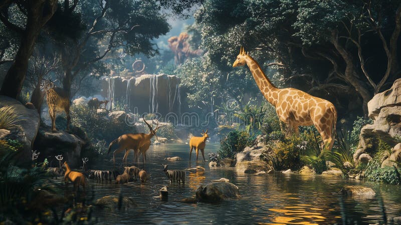 Giraffe and Deer in the Zoo. Animal Life Concept. Stock Illustration ...