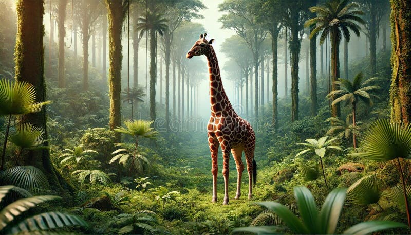 Giraffe in Dense Rainforest Surprising Encounter in Lush Greenery Stock Illustration ...