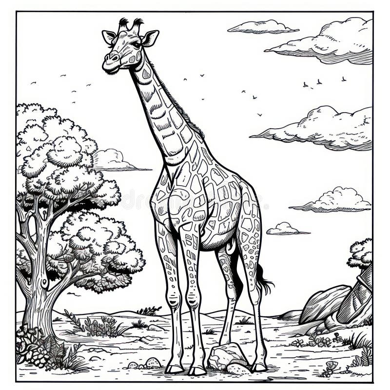 Giraffe Drawing Coloring Book Page Stock Illustration - Illustration of ...