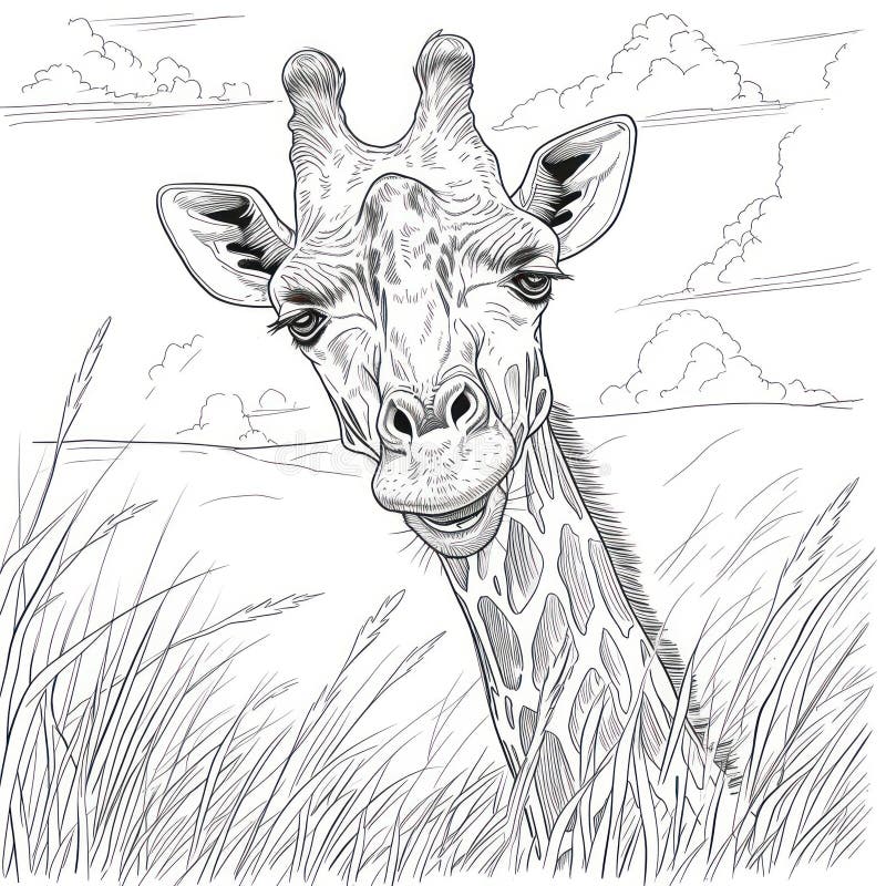 Giraffe Drawing Coloring Book Page Stock Illustration - Illustration of ...