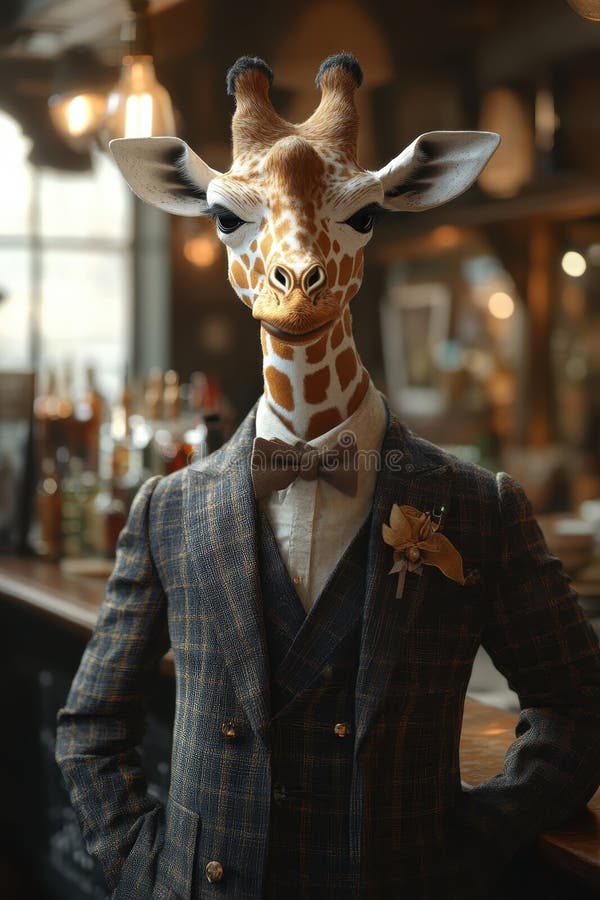 Giraffe Dressed in Elegant Suit Standing at a Stylish Bar in a ...
