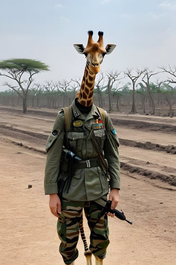 A Giraffe Dressed in Military Uniform Stands in a Desert Landscape ...
