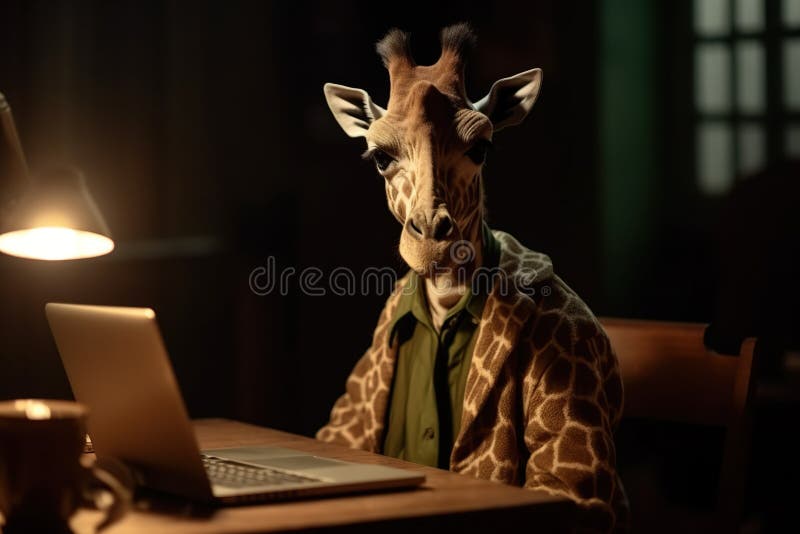 Giraffe Dressed Working at Night Sitting with Lamp Having a Lot of ...